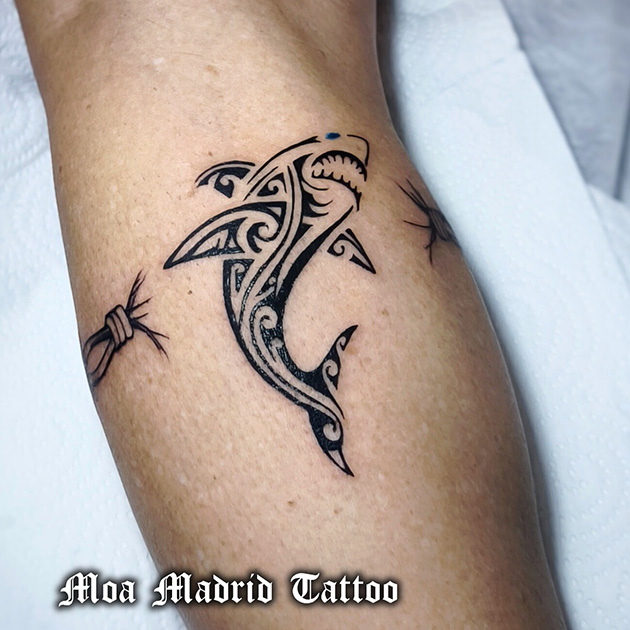 Tatuaje de tiburón maorí en el gemelo | Moa Madrid Tattoo .COM